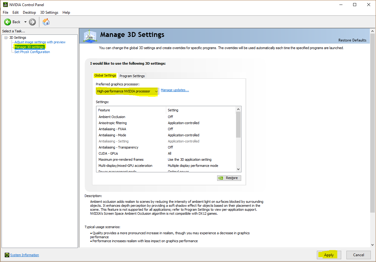 How do I change graphics card settings to maximum performance?
